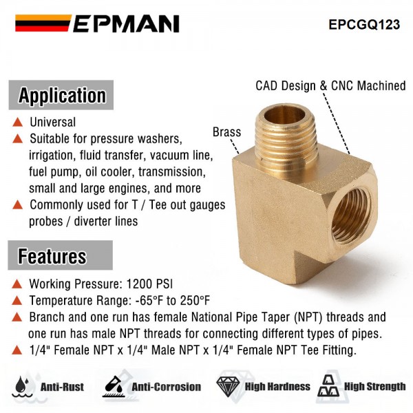 EPMAN Extruded Barstock Street Tee T Female Male Brass Fitting 1/4 NPT Oil Water Gas Pipe/Tank ...