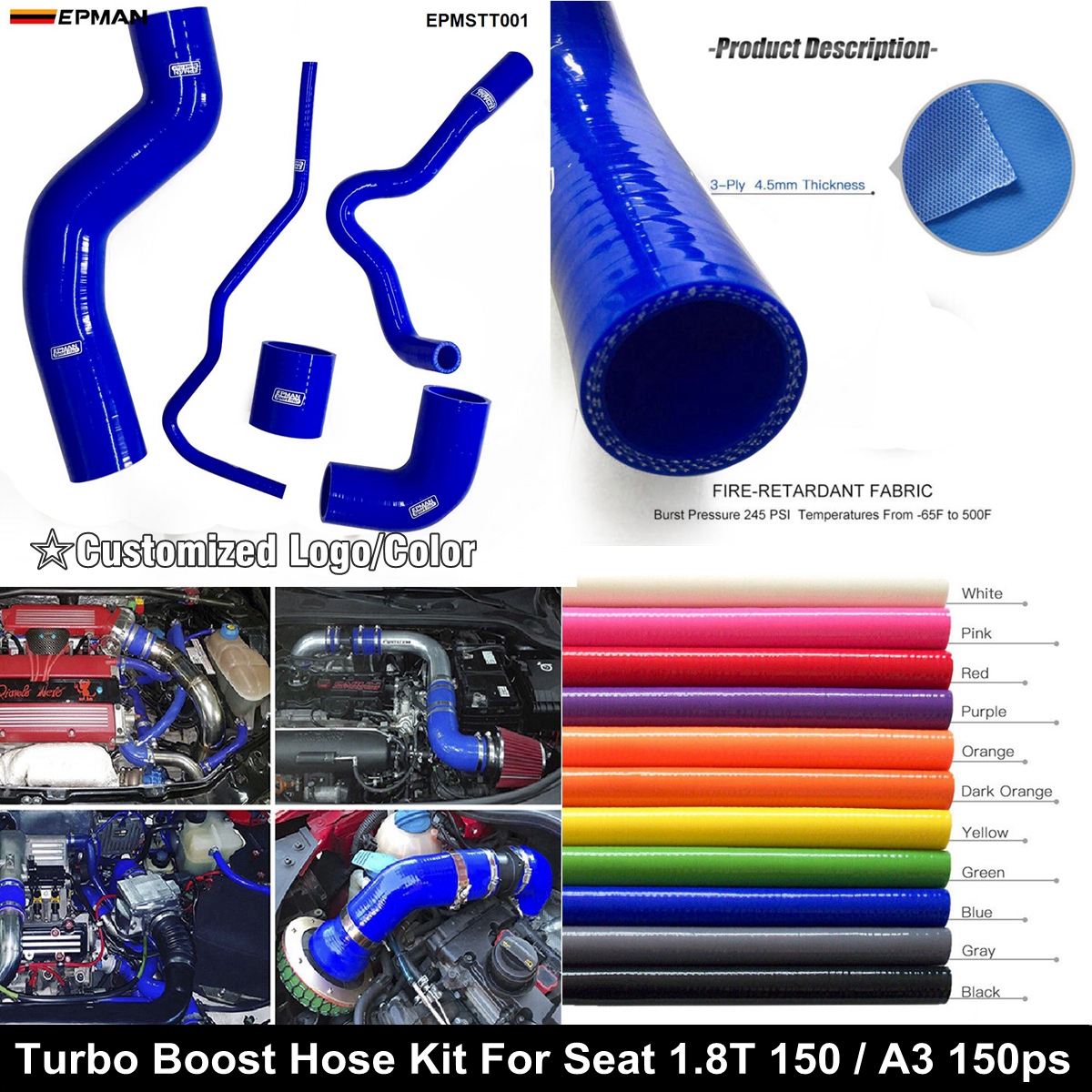 EPMAN - Silicone Intercooler Turbo Boost Hose Kit For Seat 1.8T 150 / A3 150ps (5pcs) EPMSTT001